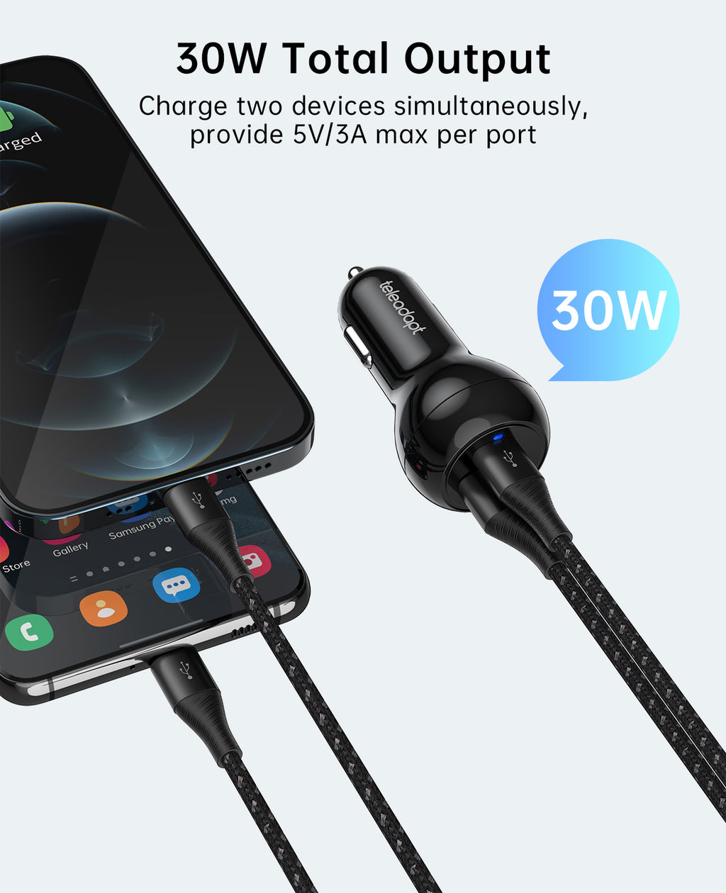 30W Car Charger USB C/USB A – teleadapt